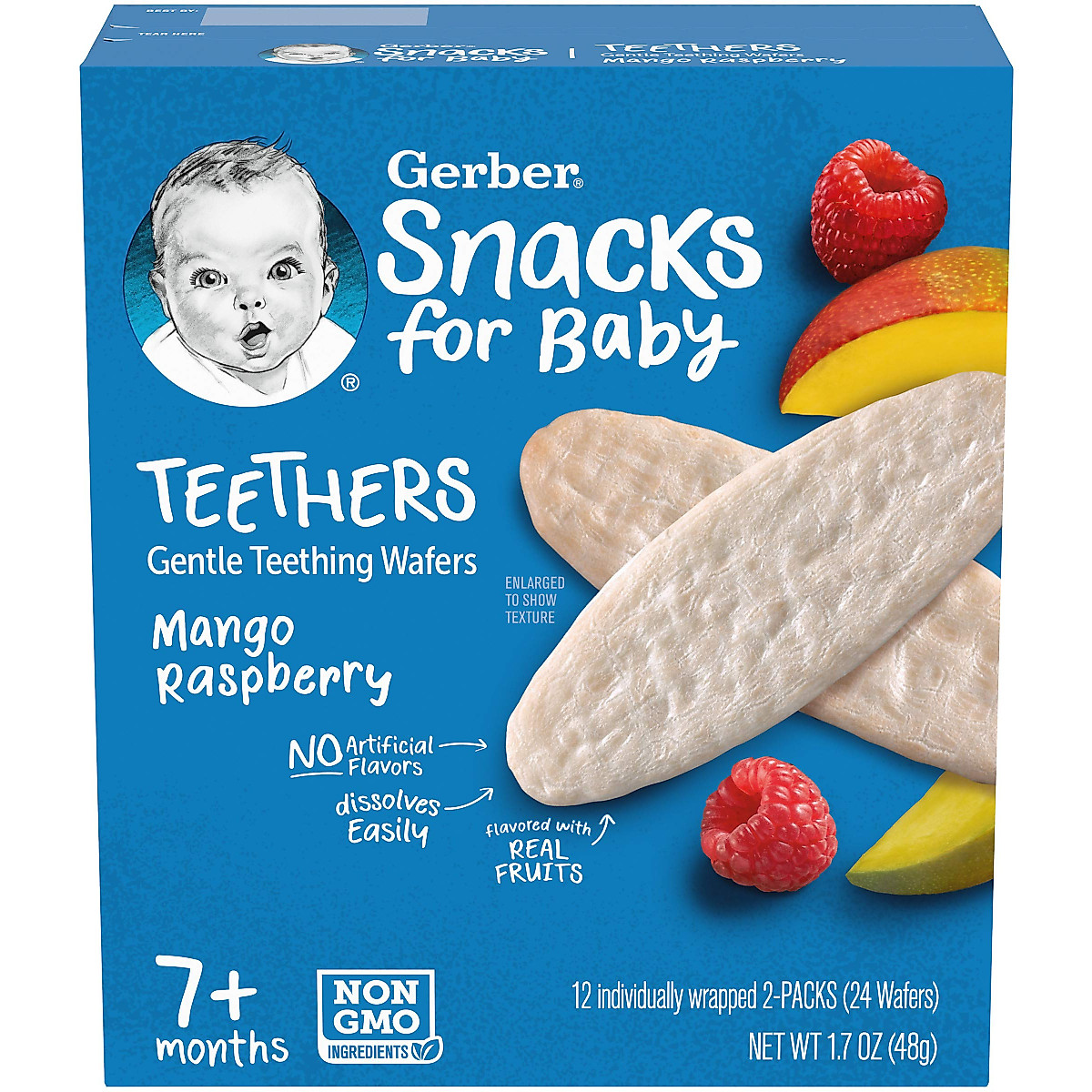 Gerber Snack for Baby Teethers, Mango Raspberry, Gentle Teething Wafers Flavored with Real Fruits, 12 Individually Wrapped 2-Packs (24 Wafers/Box) (Pack of 2 Boxes)