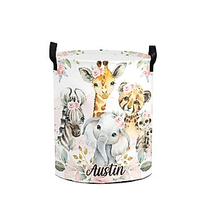 Safari Animals Floral Personalized Laundry Basket Clothes Storage with Handle Waterproof, Custom Foldable Hamper for Boys Girls Bedroom Nursery Toy