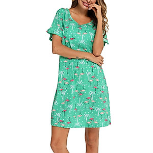 ENJOYNIGHT Womens Nightgowns Cotton Sleepwear Plus Size Sleep Shirts Short Sleeves Nightshirt Print Sleepshirt (Medium, Flamingo)