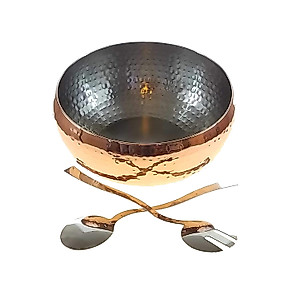3pc Copper Accented Hammered Salad Bowl with 2 Serving Utensils - Complete With Matching Oversized Spoon and Fork - Use as a Salad Bowl, Fruit Bowl or Even For Pasta - Elegant and Stylish Serving Bowl