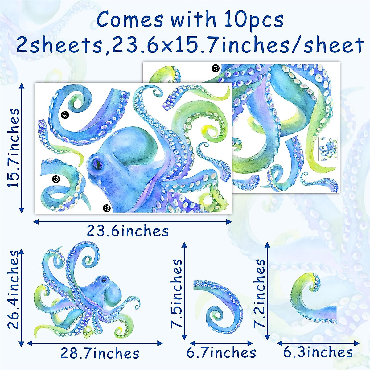 Large Octopus Wall Sticker Ocean Animal Wall Decal Peel and Stick Vinyl Wall Art Mural for Bathroom Decor Kraken Tentacles Wall Stickers Under The Sea Wall Decals for Kids Bedroom Living Room