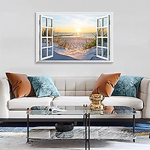 Woxfcart Window Beach Picture Canvas Wall Art Ocean Sunset Decor Yellow Natural Landscape with Framed 36x24