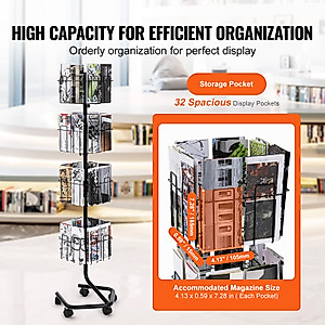 VEVOR Brochure Display Rack, 4-Tier 32 Pockets Rotating Magazine Literature Display Stand for Postcards, 360° Spinning Greeting Cards Rack with 5 Wheels (2 Lockable) for Shop Exhibitions Office