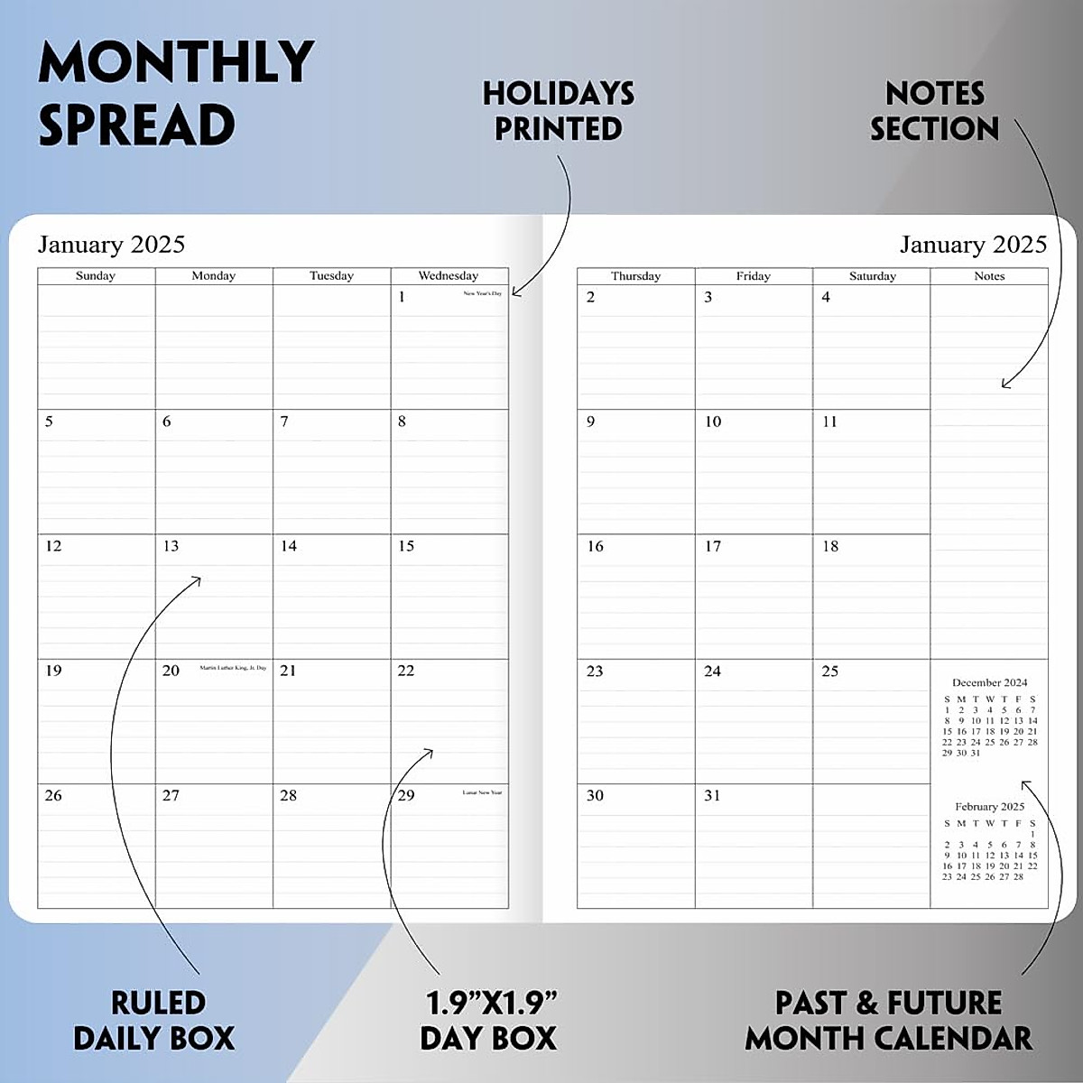 2025 Planner 8.5”x11”, Weekly and Monthly Planner from Jan 2025 to Dec 2025, Vegan Leather Cover, Elastic Closure, Grey