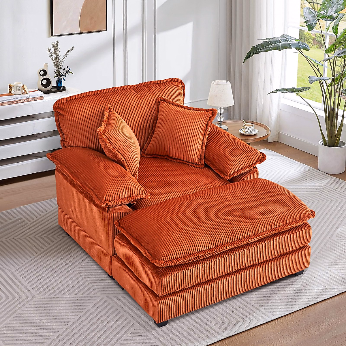 Oversized Chaise Lounge Chair Indoor with Ottoman,46.9"W Corduroy Upholstered Modern Single Sofa Reading Chair,Deep Seat Sectional Couch,Comfy Reclining Sleeper Chair for Living Room(1 Seater,Orange)
