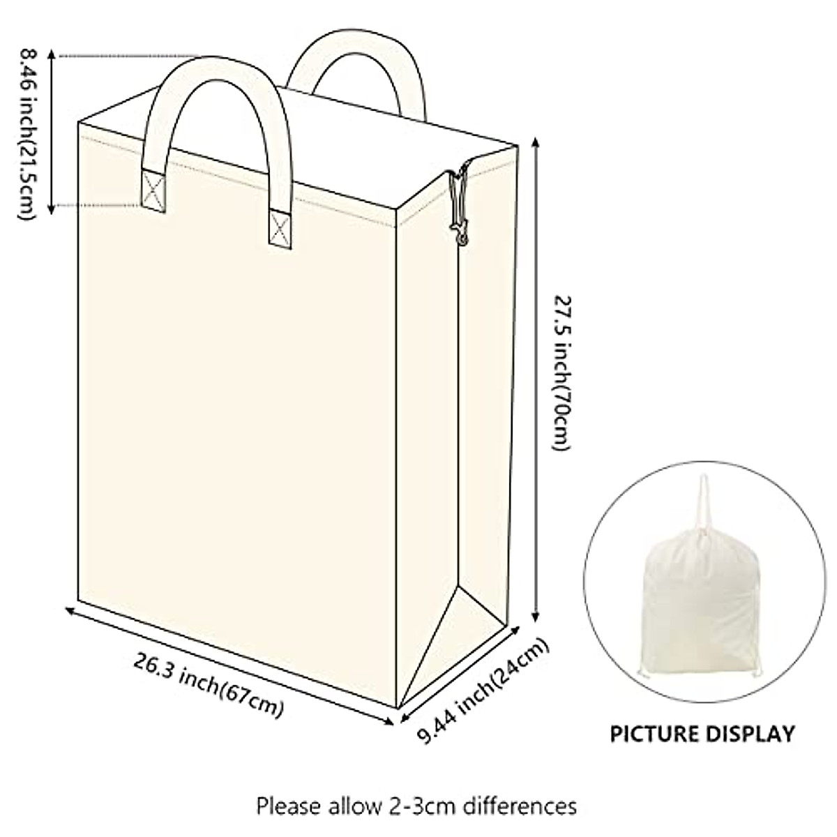 2 Pcs Canvas Laundry Bags with Carrying Handles & Drawstring Closure, Machine-washable Laundry Lining Bags for Laundry Hamper or Baskets