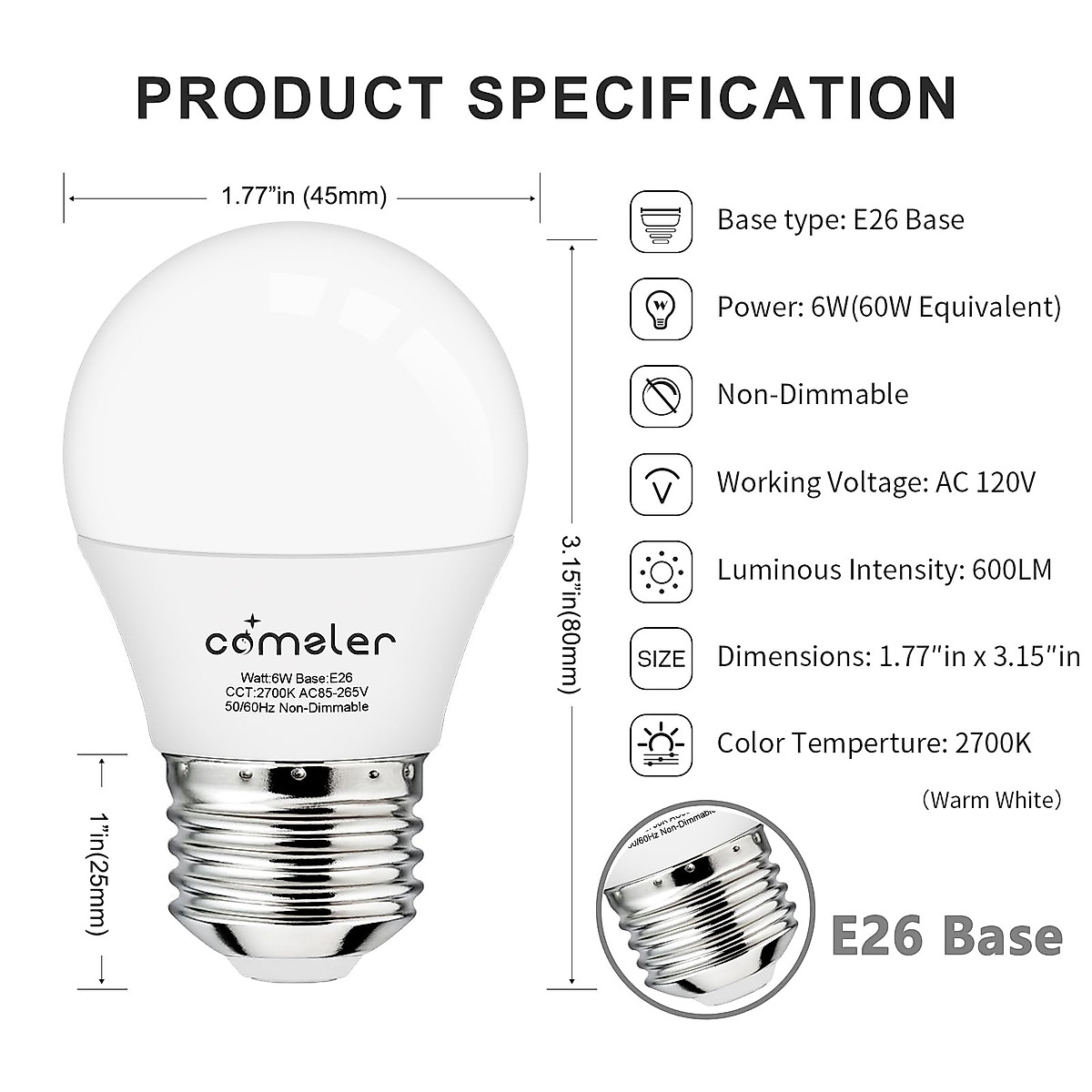 comzler Small Light Bulb 6 Watts Warm White Light 2700K, 60 Watts Globe Light Bulb Equivalent, E26 Standard Screw Base A15/G45 Shape LED Appliance Bulb Refrigerator 6-Pack