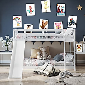 GORELAX Twin Over Twin Size Bunk Bed with Slide, Loft Low Bunk Beds, Wood Floor Bed Frame with Ladder & Guardrail, No Box Spring Needed, Space-Saving Modern Bunk Bed for Kids, Adults (White)