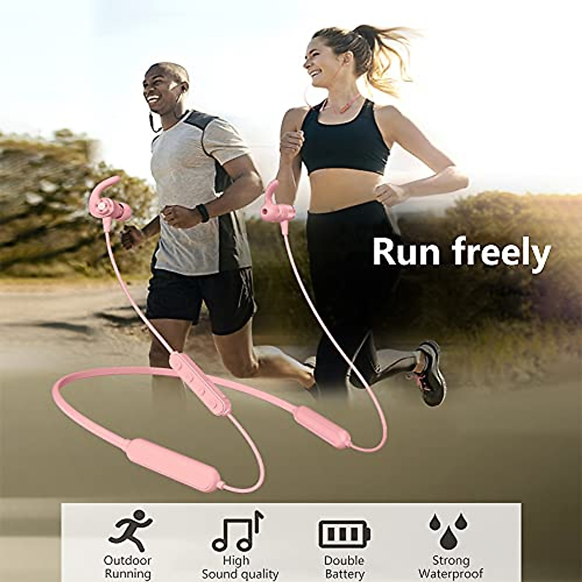 SLuB True Wireless Bluetooth Waterproof Sport HD Stereo Neckband Headphones with Mic 36H Play time Sweatproof for Cell Phone Double Battery Earbuds for iPhone/Android (Pink)