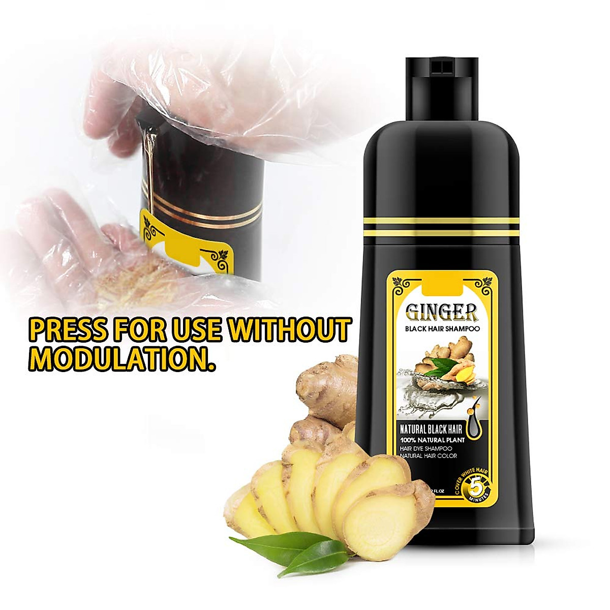 Ginger Black Semi-Permanent Hair Dye Shampoo, Instant 30-Day Color Matter, Completes in 5 Minutes - 500ml (Ginger Fragrance)