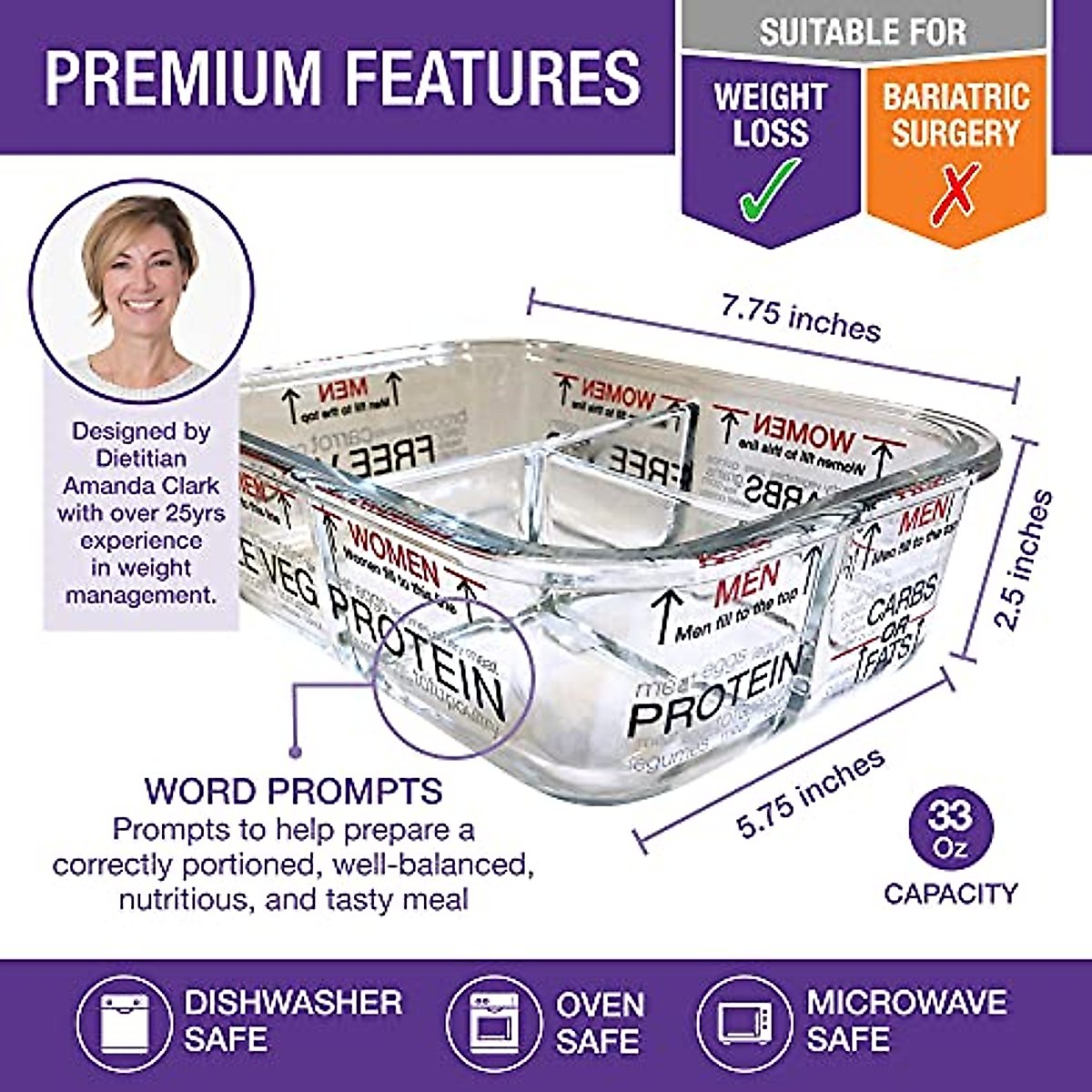 Portion Perfection Portion Control Container - Glass Meal Prep Containers Reusable for Food/Lunchbox 3pk, Oven-safe, 3 Compartment with Lids, Practical Weight Control, Clear Instruction Guide