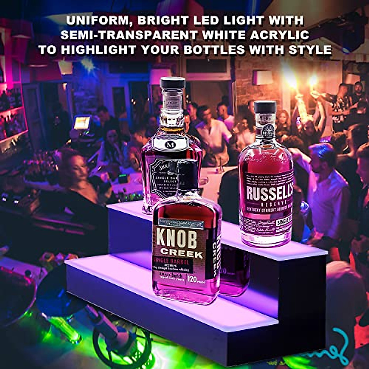 QUDEISB 16 Inch LED Lighted Liquor Bottle Display Shelf 2 Step Liquor Bottle Display with Remote Control 2 Tier Liquor Light Display for Commercial Home Bar Lighting