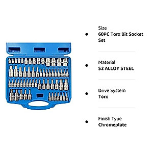 SUNHZMCKP 60-Piece Master Torx Bit Socket and External Torx Socket Set, S2 Alloy steel，E4-E24, T6-T70,TT6-TT70,TP8-TP60,The best auto repair tool