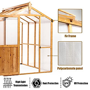 Aoodor 81” (L) x 93”(W) x 98”(H) Outdoor Walk-in Greenhouse, Plant Gardening Polycarbonate Green House with Roof Vent and Fir Frame for Backyard Garden