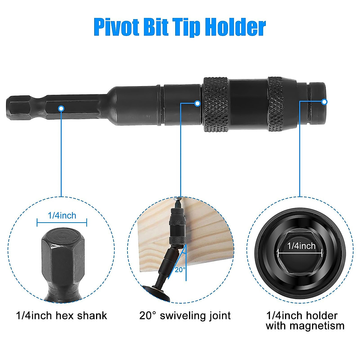 SUNJOYCO 3PCS 1/4" Magnetic Pivot Drill Bit Tip Holder, 105° Right Angle Drill Adapter Extension Impact Driver Bendable in 20° Angle for Corner