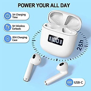 Wireless Earbuds, Bluetoth Earbuds Bluetooth 5.3 Headphones with 4 Mic, Ear Buds Wireless Bluetooth Earbuds, Wireless Headphones Sport with Noise Cancelling, 25H Playtime Earphones, LED Display, White