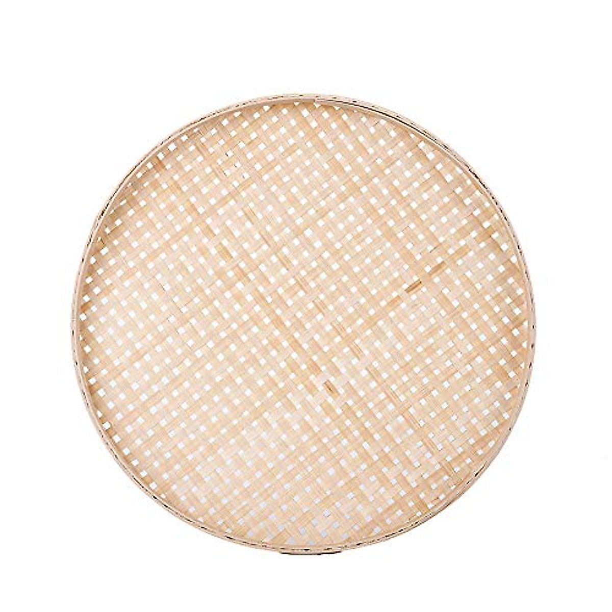 100% Handwoven Flat Wicker Round Fruit Basket Woven Food Storage Weaved Shallow Tray Organizer Holder Bowl Decorative Rack Display Kids DIY Drawing Board (Sqaure Hollow-Bamboo White, 22cm/8.7")