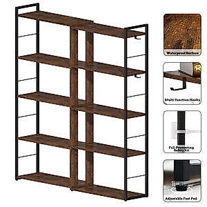 RKVPCNE 5 Tier L Shaped Bookshelf Wood Bookcase with 2 Hooks Modern Corner Bookshelf Library Industrial Shelving Book Case Adjustable Book Shelves for Bedroom Living Room Home Office Rustic Brown
