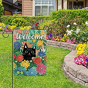 Dyrenson Welcome Spring Black Cat Decorative Garden Flag, Kitty House Yard Lawn Daisy Pansy Red Blue Flower Floral Outside Decoration, Summer Seasonal Farmhouse Outdoor Small Burlap Porch Decor 12x18