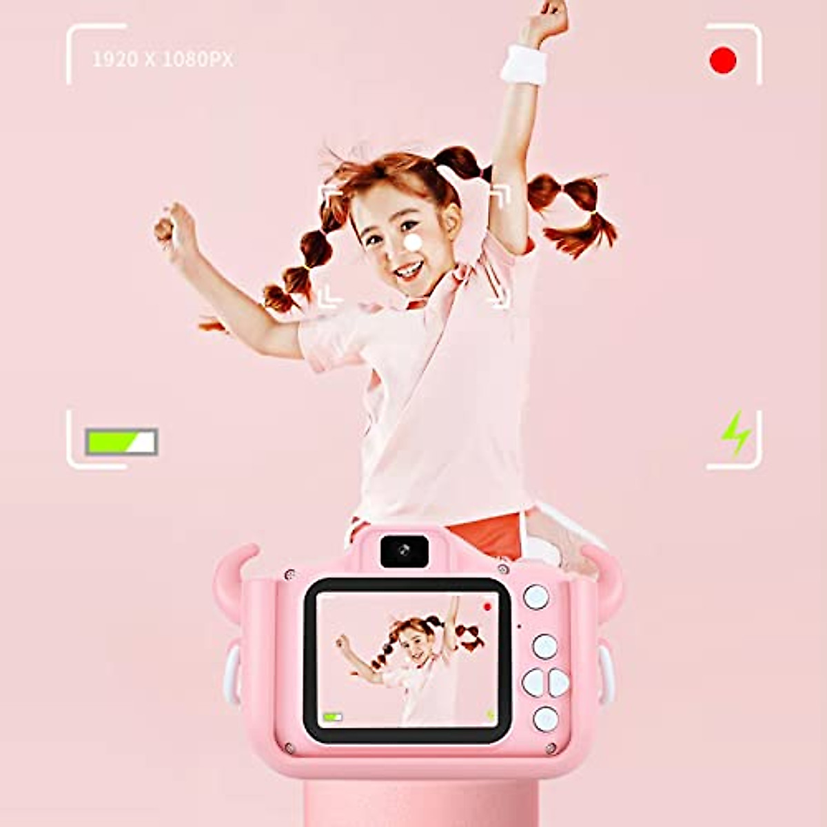 SLSFJLKJ Kids Camera with Silicone Case, Video Camera for Children with Fun Games, Kids Digital Camera with Special Effects, Rechargeable Battery, Ideal for Boys and Girls (Pink Cow Bare Metal)