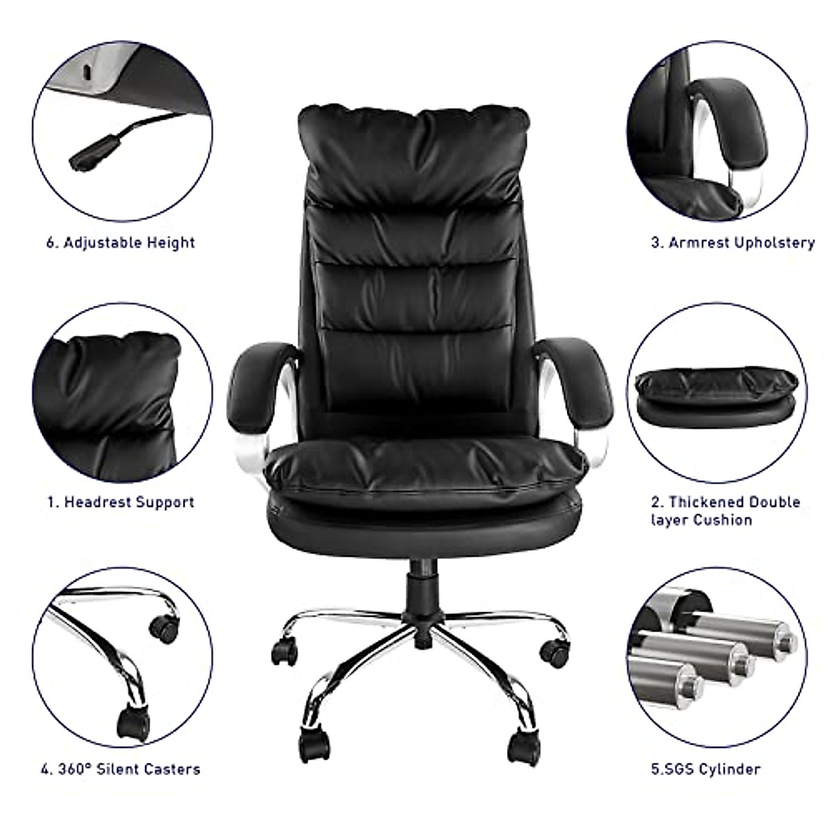 CLATINA Computer Desk Chair with Wheels and Padded Arms, Ergonomic PU Leather Swivel Home Office Chair with Double Seat Cushion, Adjustable High Back Comfort Executive Office Chair (Black)