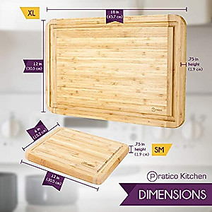 Pratico Kitchen Bamboo Cutting Board and Serving Tray with Juice Groove Set, 18 x 12 and 8 x 6 inch Boards