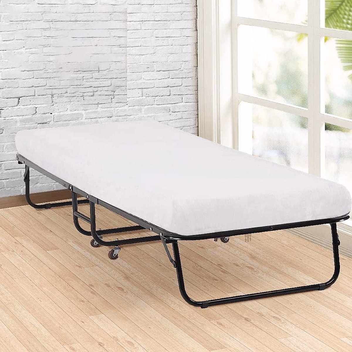 XXkseh Folding Guest Bed Portable Camping Cot with Wheels,Portable Beds Frame Heavy Duty Extra Roll Away Foldaway Memory Foam Mattress for Spare Bedroom & Office,L75 x W30 x H12 in，White