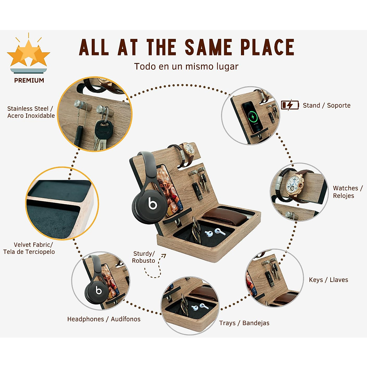 Namore | Gift for Men Husband, Anniversary, Birthday | Wood Phone Docking Station | Ideal as Office and Nightstand Organizer | Organize your Watch, Wallet, Cellphone, Keys, Airpods