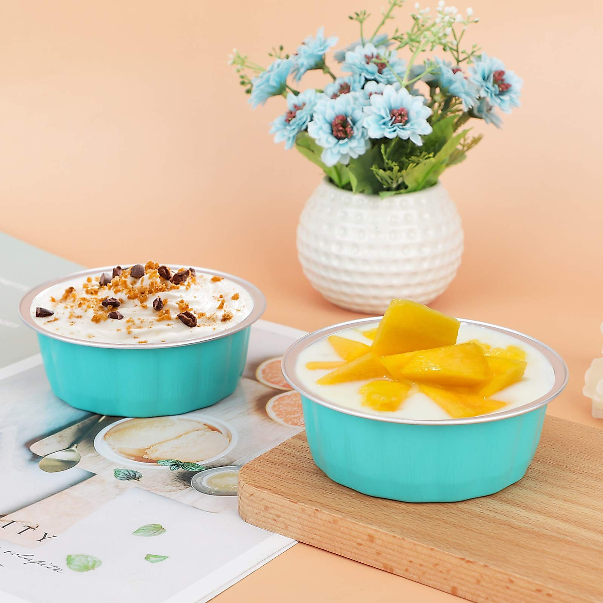 Beasea 8 oz 50 Pack Disposable Ramekins with Lids, Aluminum Cups for Baking Elegant Blue Aluminum Foil Cups Creme Brulee Muffin Cupcake Baking Cup Mini Pudding Cups for Party Wedding Birthday