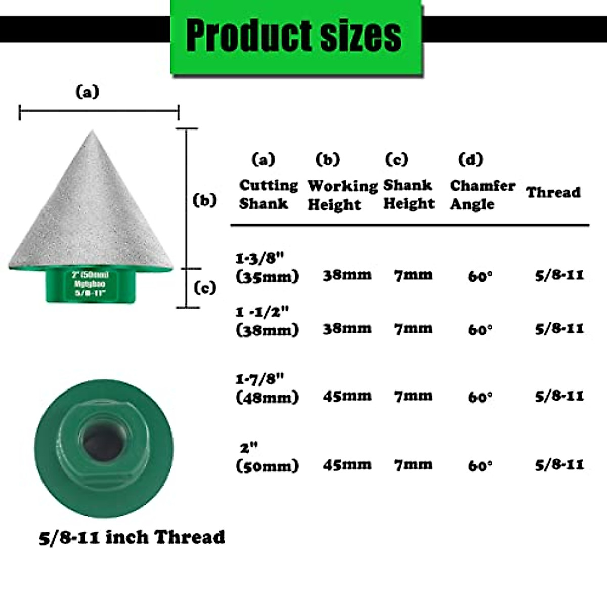 Mgtgbao 50mm Green Diamond Beveling Chamfer Bit, 2" Diamond Countersink Drill Bits with 5/8-11 inch Thread for enlarging, polishing and Bevelling Granite Marble Tiles The exsit Holes Enlarging