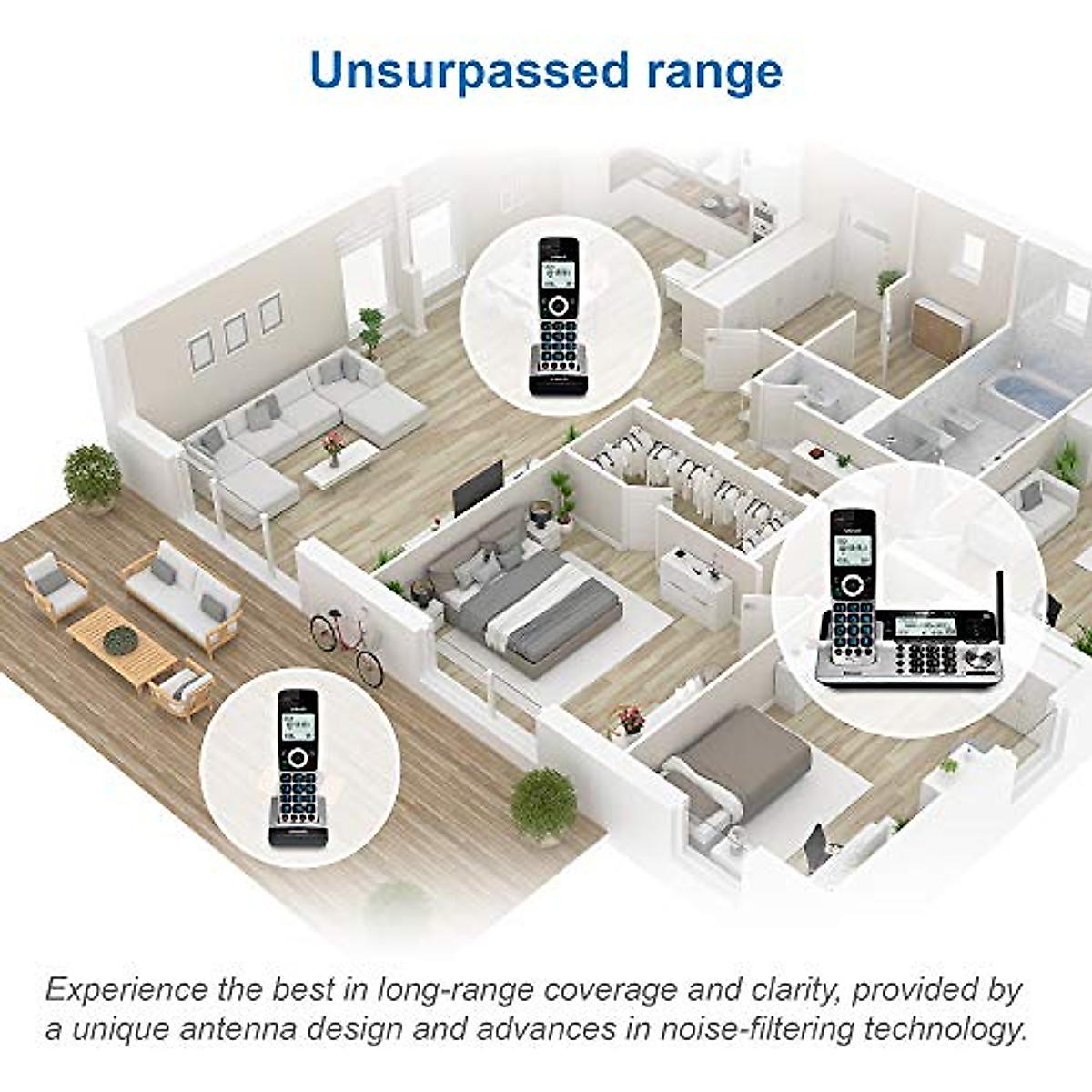 VTech VS113-5 Extended Range 5 Handset Cordless Phone for Home with Call Blocking, Connect to Cell Bluetooth, 2" Backlit Screen, Big Buttons, and Answering System, Silver & Black