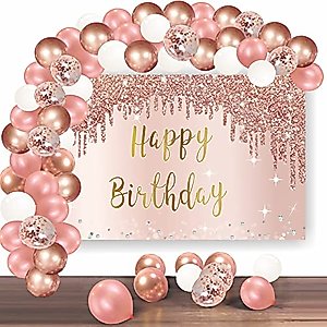 Rose Gold Happy Birthday Banner Backdrop with Confetti Balloon Garland Arch, Happy Birthday Banner Balloon Set for Women Girls, Pink 16th 21st 30th 40th 50th Bday Poster Photo Booth Decor