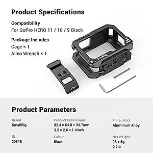 SmallRig Hero11 Cage / Hero10 Cage / Hero9 Cage , Aluminum Video Cage with 2 Cold Shoe Mount for Mic and Led Light , Compatible with Max Lens Mod for GoPro Hero9 / Hero10 / Hero11 Black 3084B