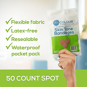 Tru Colour - Spot Bandages, Flexible Fabric Adhesive Bandages, Olive Skin Tone Shade, Green Bag, 50 Count