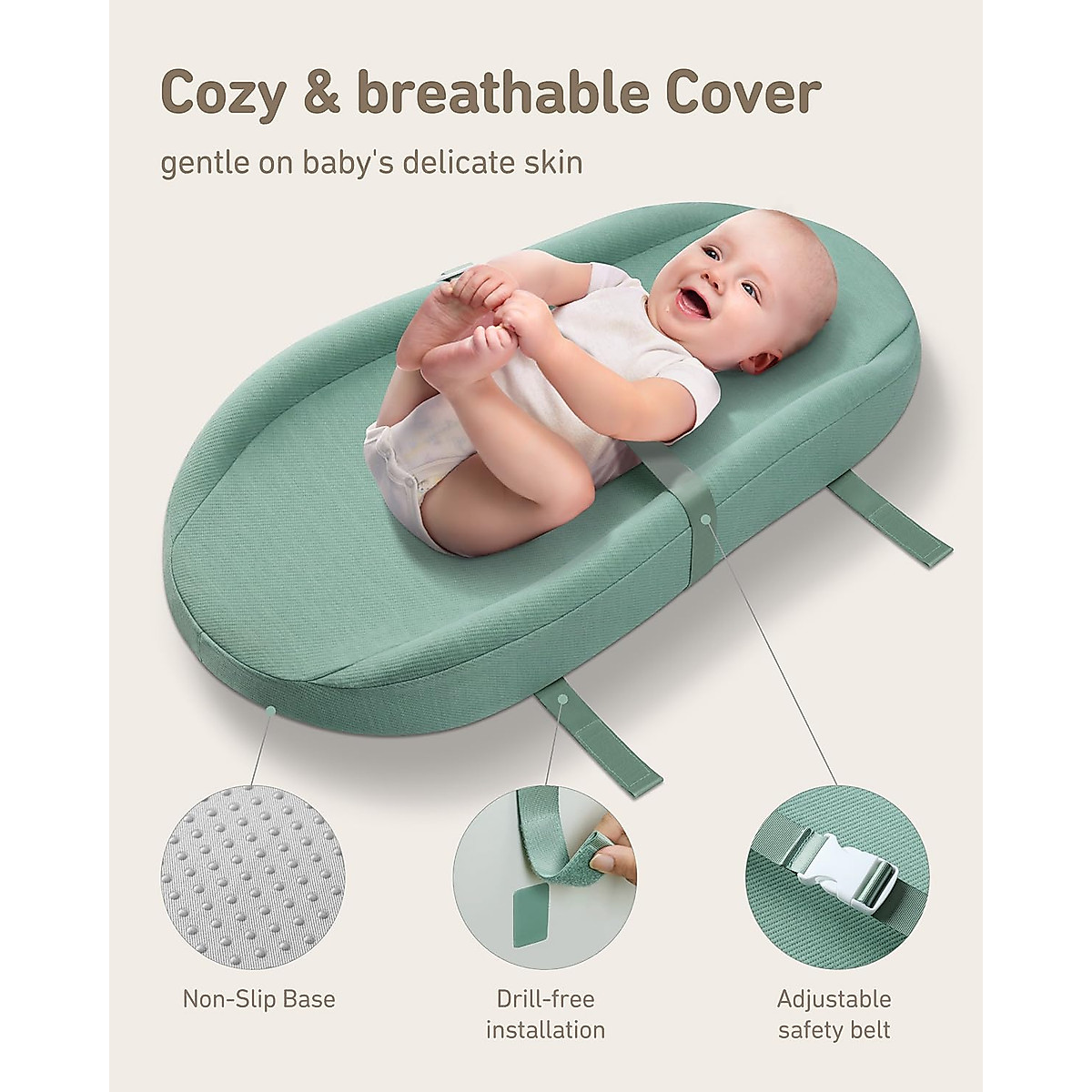 Contoured Changing Pad with Soft & Washable Cover, Waterproof Lining Foam Baby Changing Table Pads for Dresser Top, Secure with Security Strap and Two High Curved Sides, 32”×16”, Sage Green