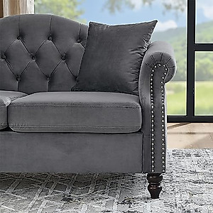 57" Chesterfield Sofa with 2 Pillows,2 Seater Sofa Tufted Couch with Rolled Arms and Nailhead for Living Room, Bedroom, Office, Apartment(Grey)