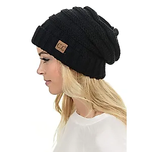 C.C Hat-100 Oversized Baggy Slouch Thick Warm Cap Hat Skully Cable Knit Beanie Black