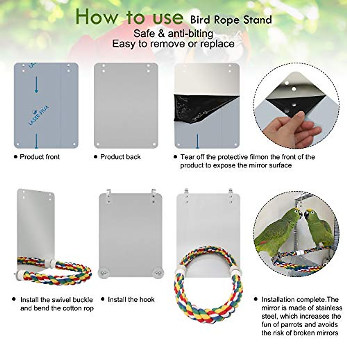 BWOGUE 7 Inch Bird Mirror with Rope Perch Cockatiel Mirror for Cage Bird Toys Swing Parrot Cage Toys for Parakeet Cockatoo Cockatiel Conure Lovebirds Finch Canaries