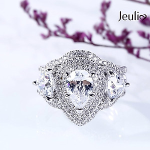 Jeulia Double Halo Oval Engagement Ring Sterling Silver Cubic Zirconia Engagement Ring Set Simulated Diamond Wedding Bridal Sets with Side Stones Promise Gift