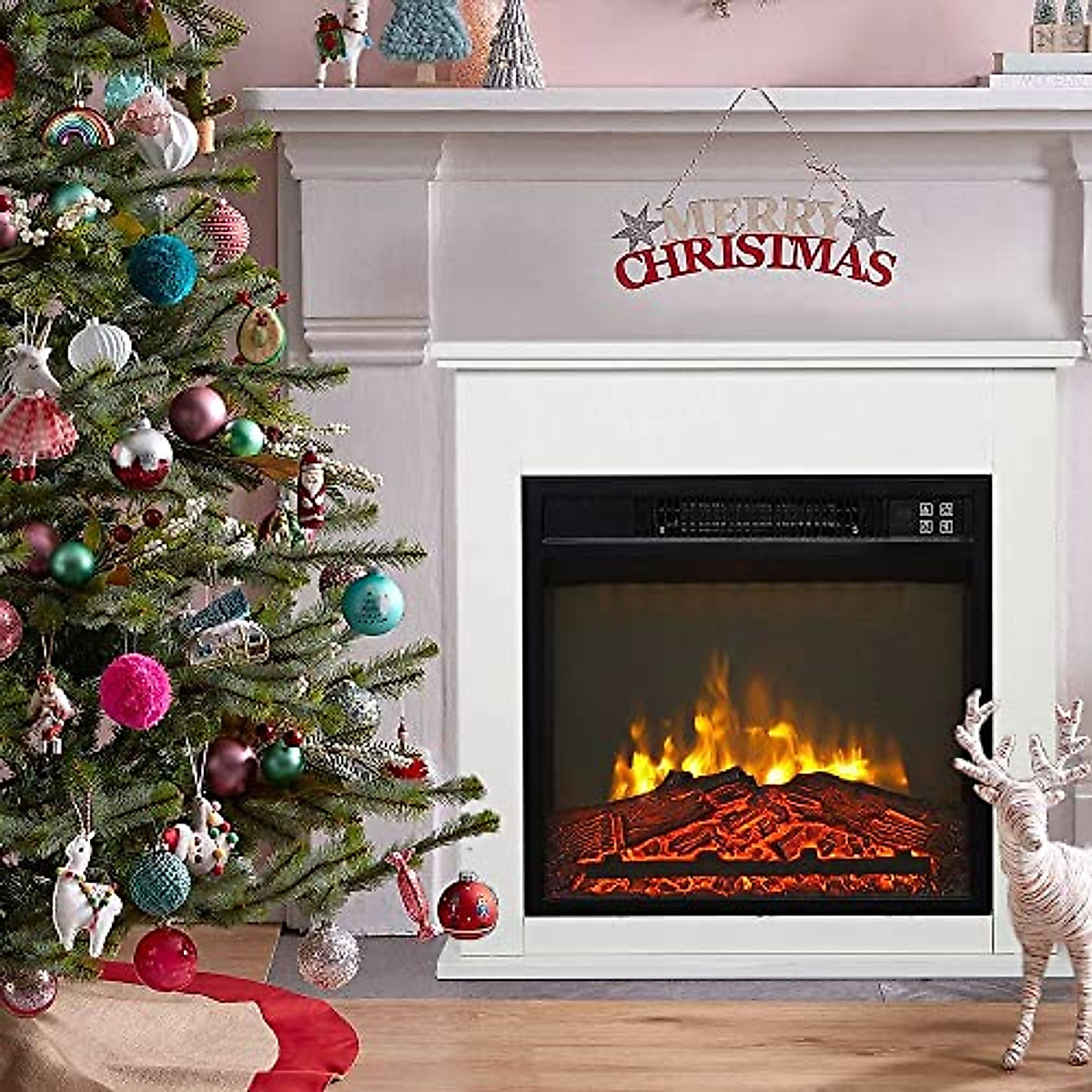 FRITHJILL Electric Fireplace, Freestanding Portable Wood Cabinet Fireplace Heater with Remote Control, 1400W