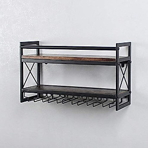 Weven Wine Rack Stemware Glass Rack,Industrial 24in 2-Tier Wood Shelf,Wall Mounted Wine Racks with 6 Glass Holder for Wine Glasses,Mugs,Home Decor,Rustic Black