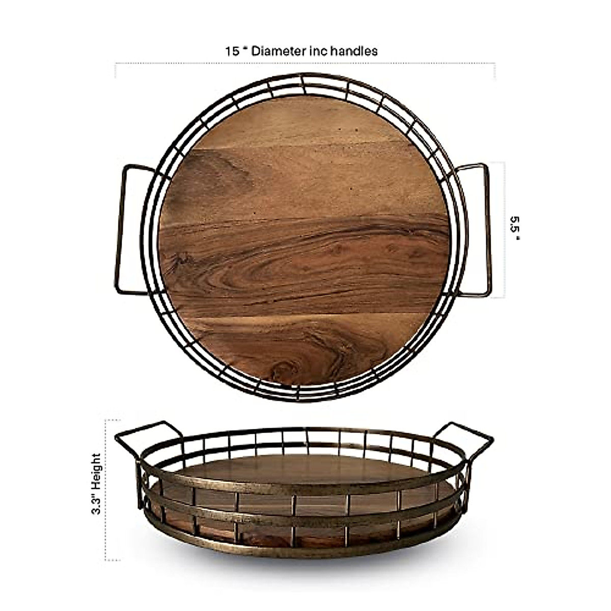 Farmhouse Round Wooden Tray with Antique Gold deep Metal Frame & Acacia Wood Base with Handles. This Round Tray is an Ideal Decorative Tray, Coffee Table, Drinks or Serving Tray by Cube Home
