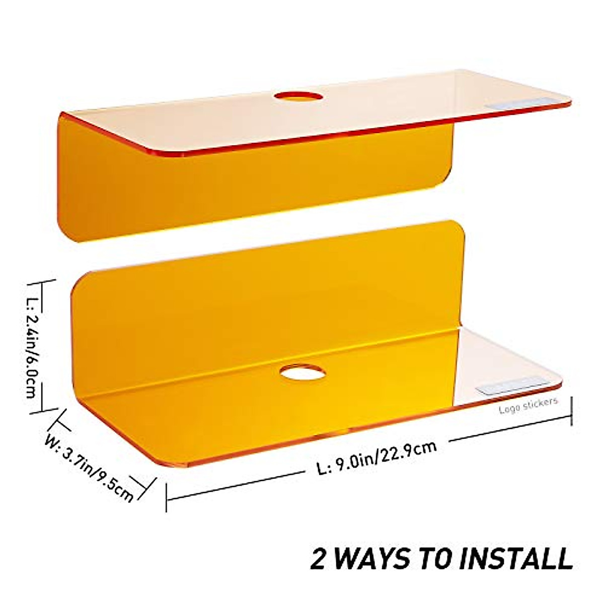 OAPRIRE Small Acrylic Floating Wall Shelves Set of 2, Flexible Use of Wall Space, 9 Inch Adhesive Display Shelf for Security Cameras/Smart Speaker/Action Figures, with Cable Clips - Clear Orange