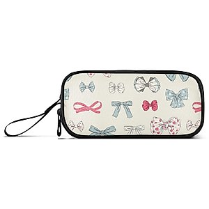 Fisyme Pink Blue Vintage Bow Pencil Case Large Capacity Pen Box Makeup Pouch Holder Organizer Stationery Bag for School Office College Traval Adults