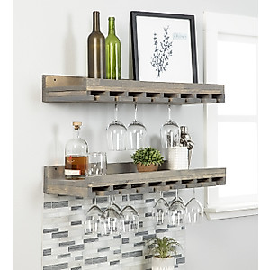 del Hutson Designs Rustic Luxe 36 Inch Farmhouse Solid Natural Pine Wood Wall Mounted Handmade Wine Glass Stemware Holder Rack, Set of 2, Grey