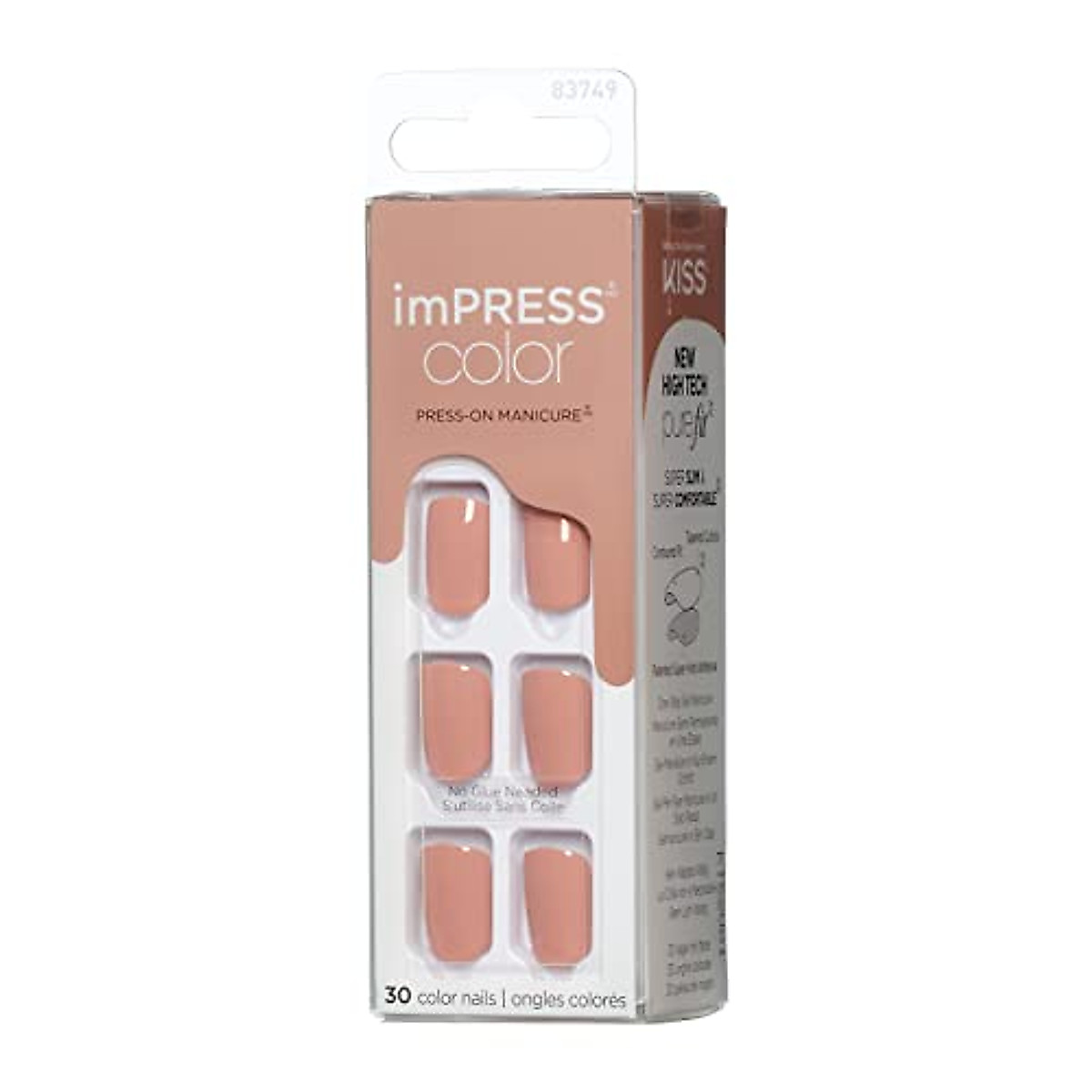 KISS imPRESS Color Press-On Nails, Gel Nail Kit, PureFit Technology, Short Length, Sandbox, Polish-Free Solid Color Manicure, Includes Prep Pad, Mini Nail File, Cuticle Stick, 30 Fake Nails