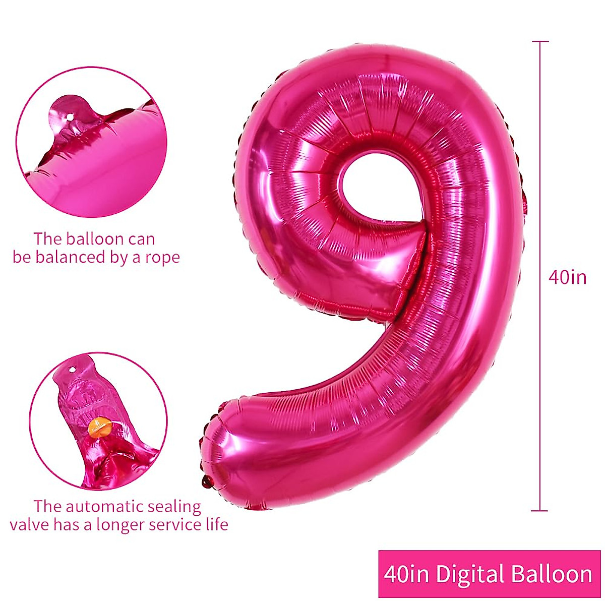 TONIFUL 40 Inch Hot Pink Large Numbers Balloon 0-9 Birthday Party Decorations,Foil Mylar Big Number 9 Balloon Digital 9 for Birthday Party,Wedding, Bridal Shower,Engagement,Graduations,Anniversary