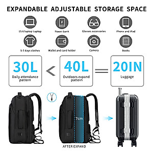 FENRUIEN Expandable Travel Backpack 15.6 Inch with USB Laptop Backpack Anti Theft Waterproof Business Smart Backpack, Multipurpose Large Capacity Daypack College School Bookbag for Men, Black