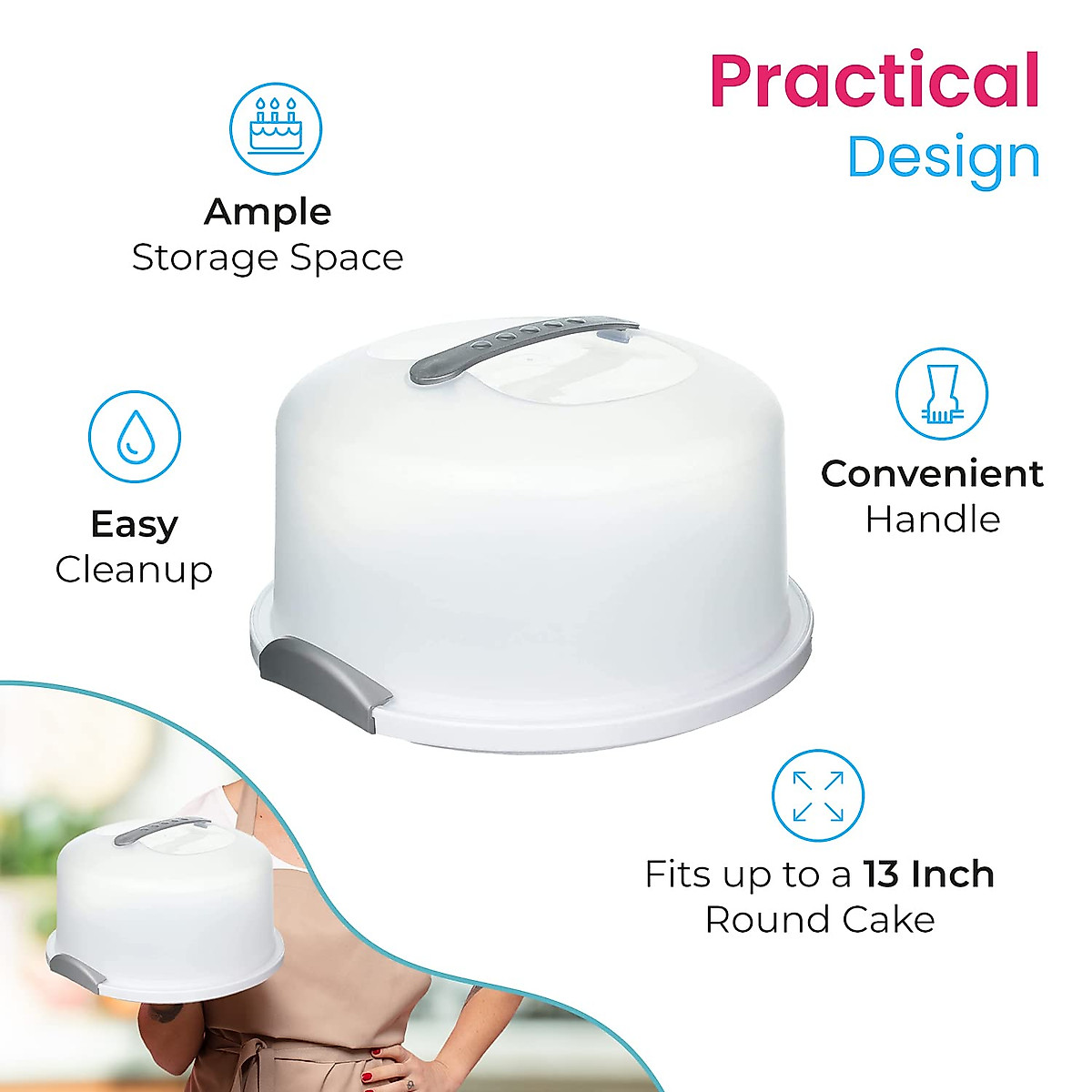 Unique Imports Cake Pastry Pie Carrier Storage Domed Container With Lockable Lid & Handle 12" Diameter White (set of 2)