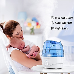 2200ml Humidifiers for Bedroom, Cool Mist Humidifier for Home Nightlight, Adjustable 360°Rotation Nozzle, 30Hrs Run-Time 28dB, BPA-Free Auto-Shut Off Humidifier for Large Room, Easy to Clean (White)